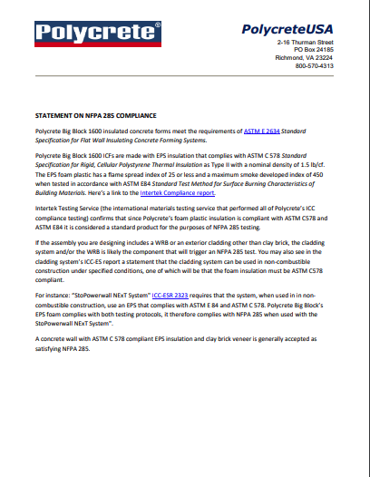 Statement of Compliance NFPA 285